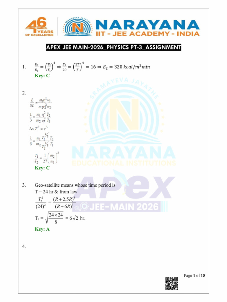 Apex Jeemain 2026 Physics Pt-3 Assignment Key | PDF