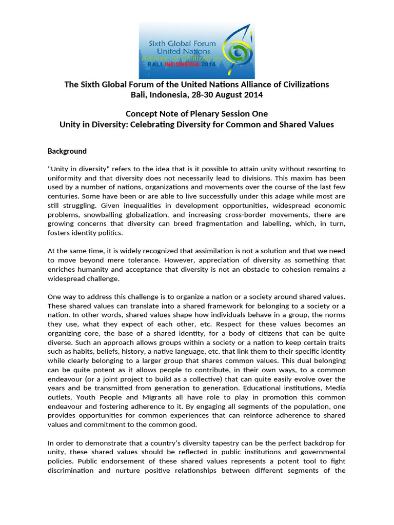 Unity in Diversity: Shared Values Forum | PDF | Value (Ethics ...