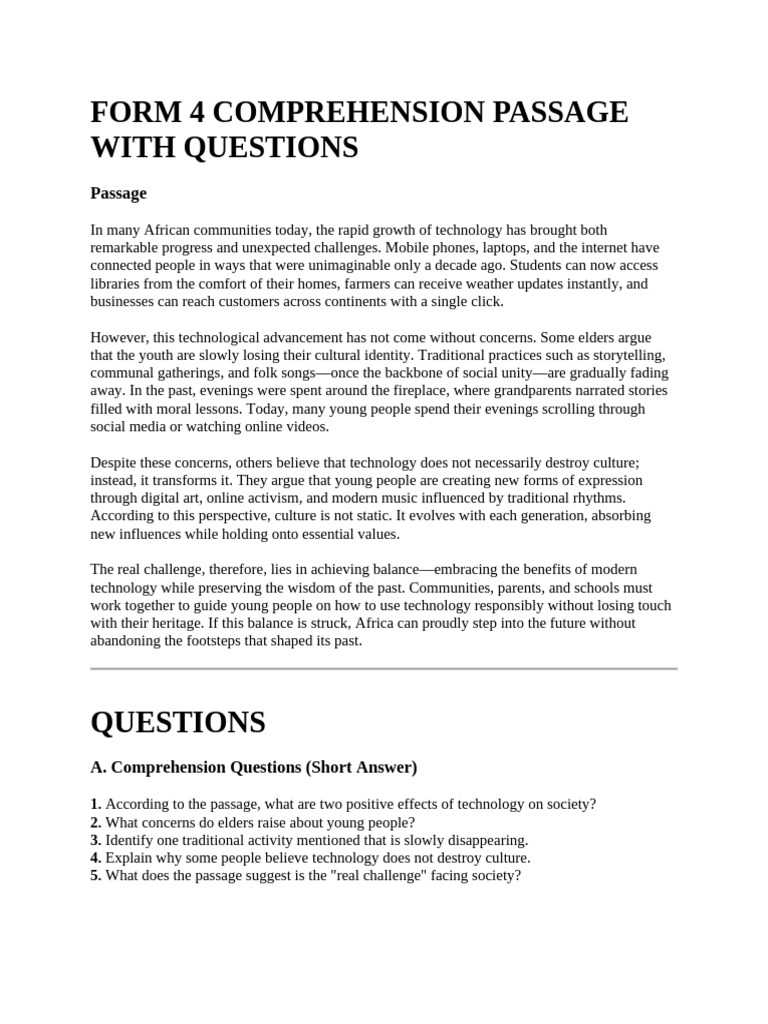 Form 4 Comprehension Passage With Questions | PDF