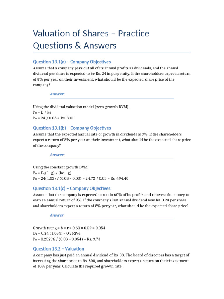 Share Valuation Practice Questions | PDF | Dividend | Equity Securities