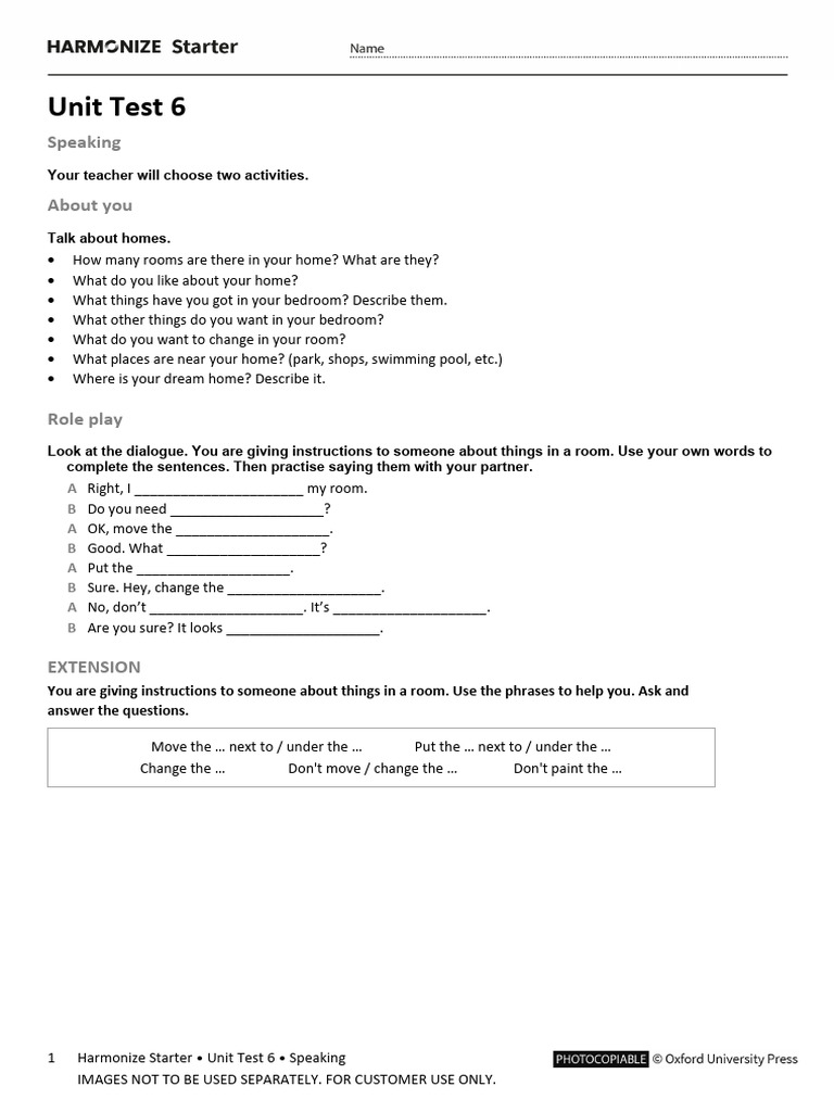 Harmonize Starter Unit 6 Test Speaking | PDF