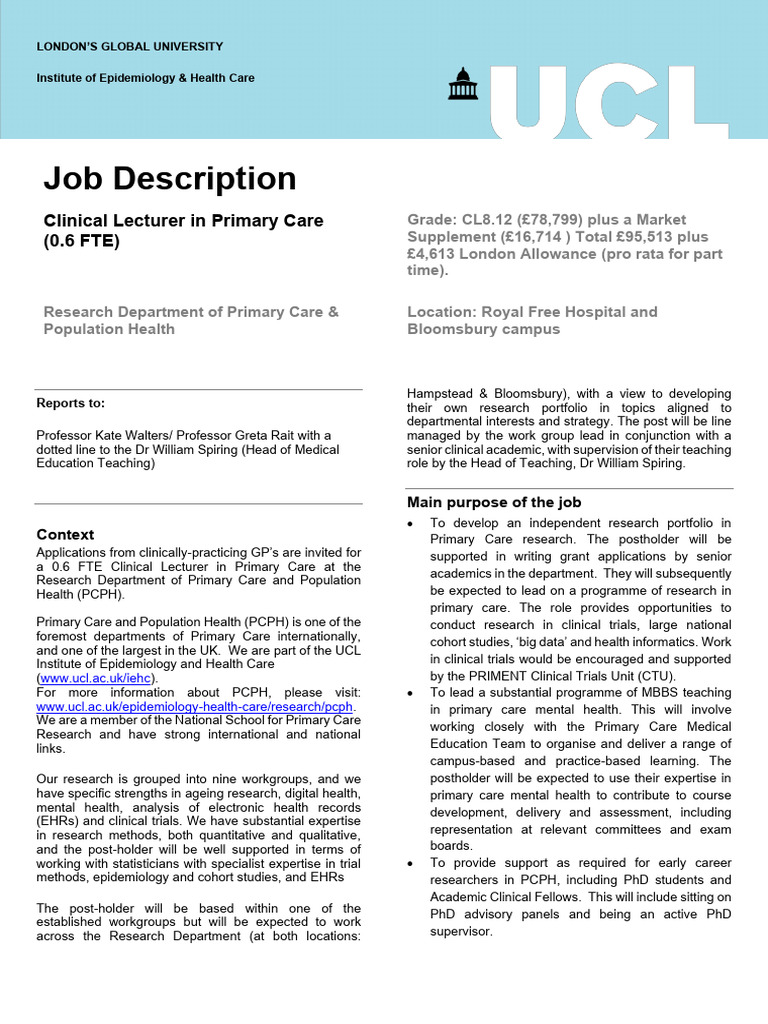 CL8 Lecturer in Primary Care Job Description | PDF | General ...