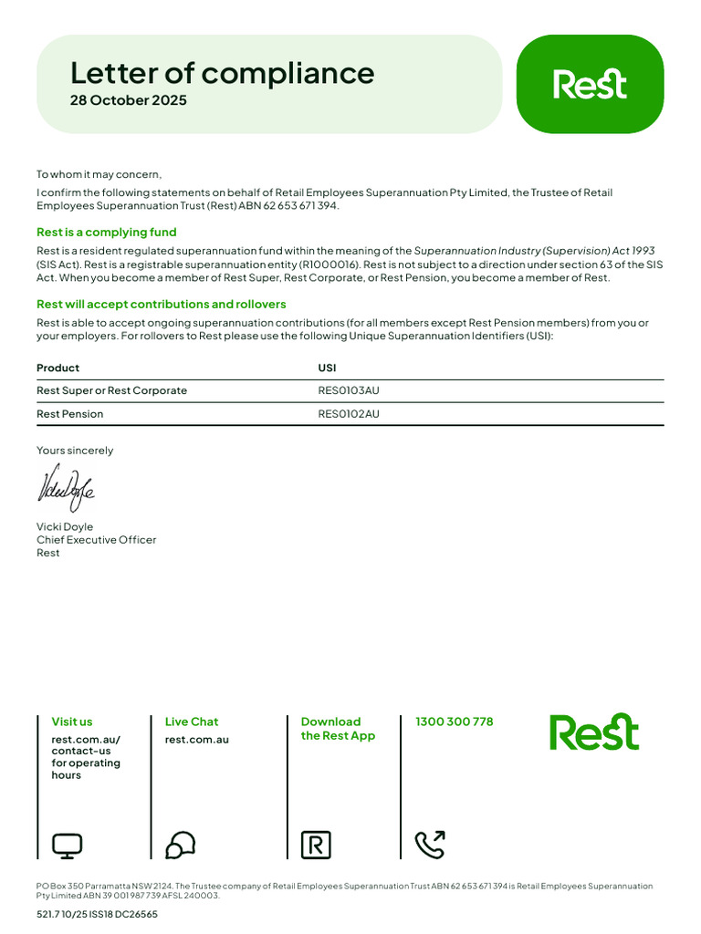 Rest Superannuation Compliance Letter | PDF