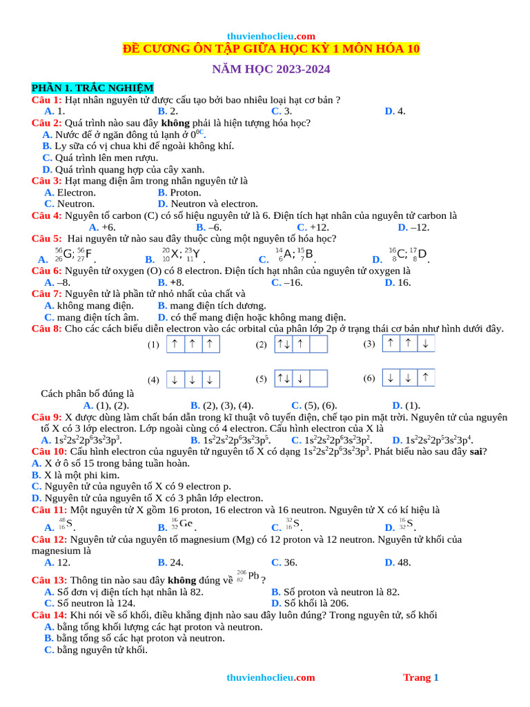 Thuvienhoclieu.com de Cuong on Tap Hoa 10 Giua HK1 CTST | PDF