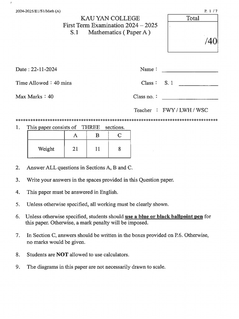 救恩1st Exam 考卷+答案 - S1 - Maths A | PDF