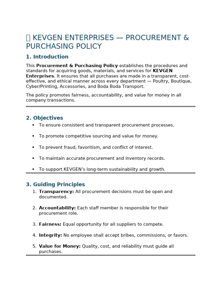 Kevgen Procurement Purchasing Policy | PDF | Procurement | Economies