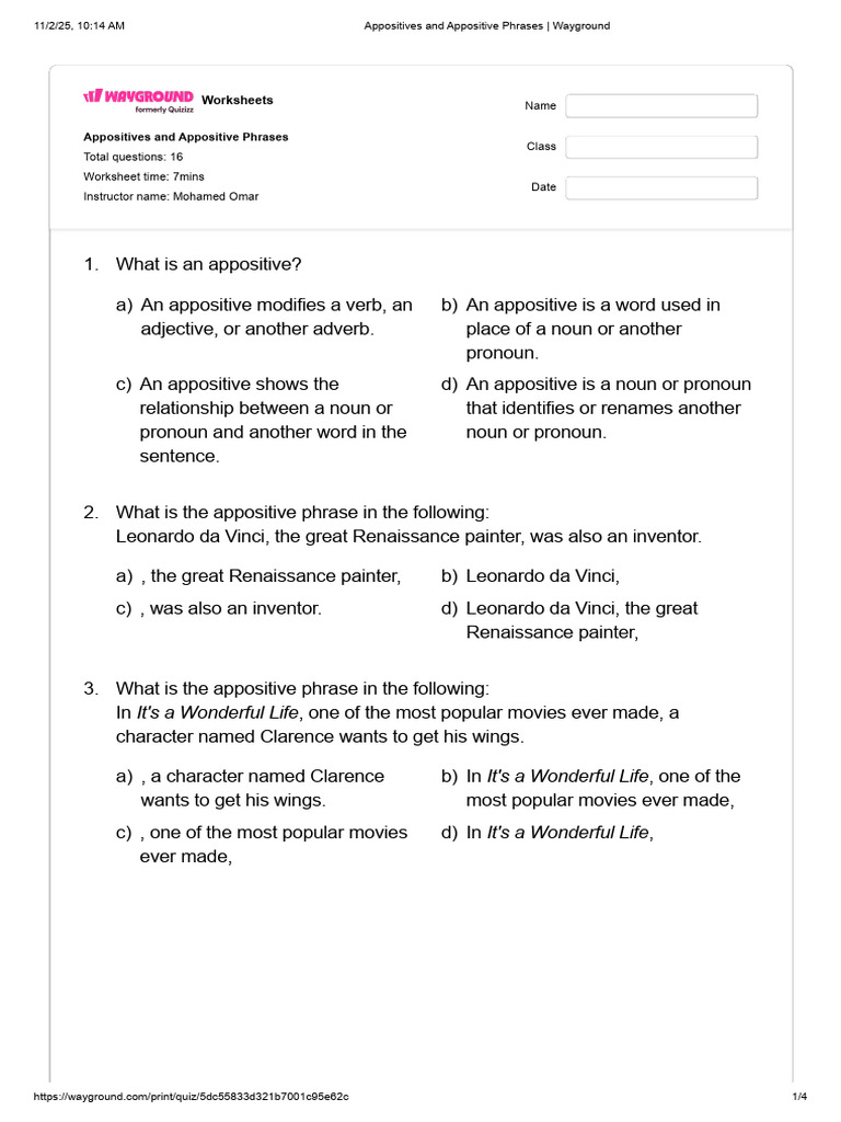 Appositives Worksheet for Students | PDF | Pronoun | Verb