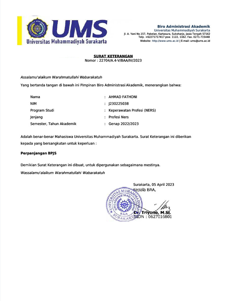 Surat Keterangan Mahasiswa UMS 2023 | PDF