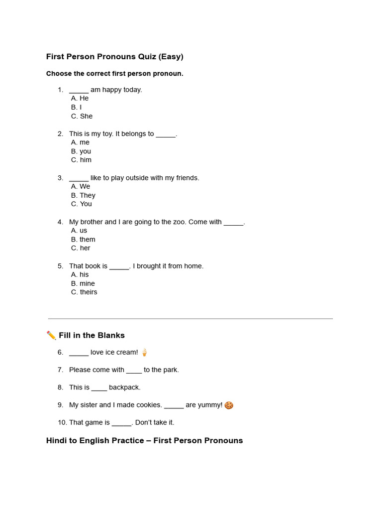 First Person Pronouns Quiz (Easy) | PDF