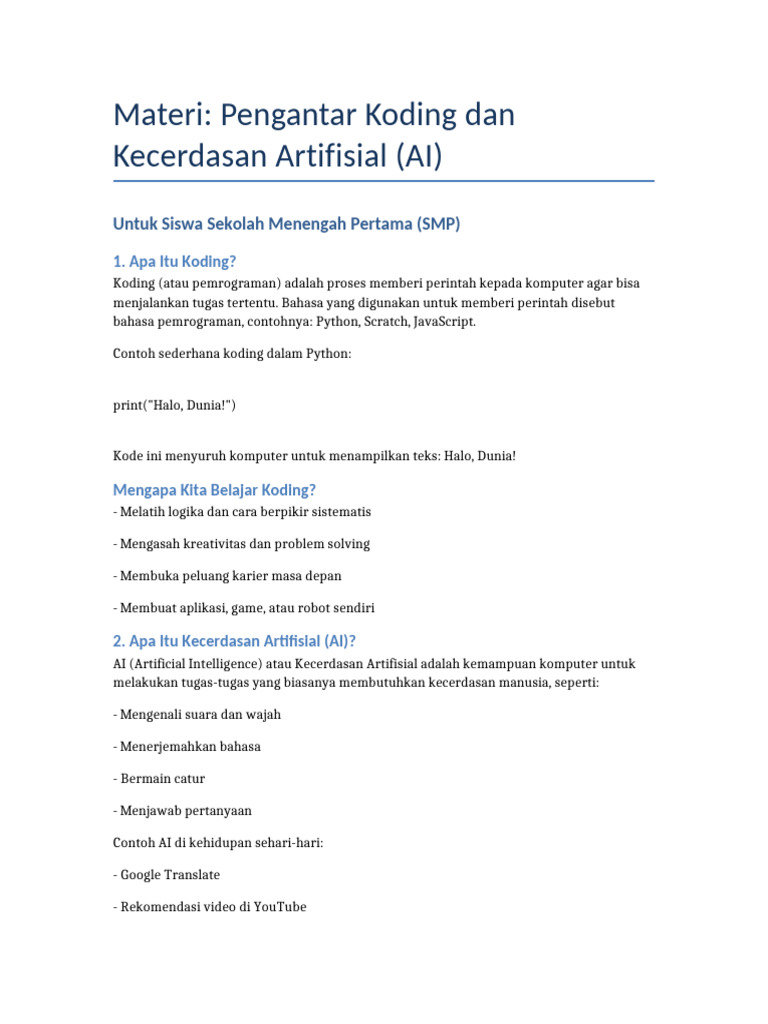 Materi Pengantar Koding Dan AI SMP | PDF