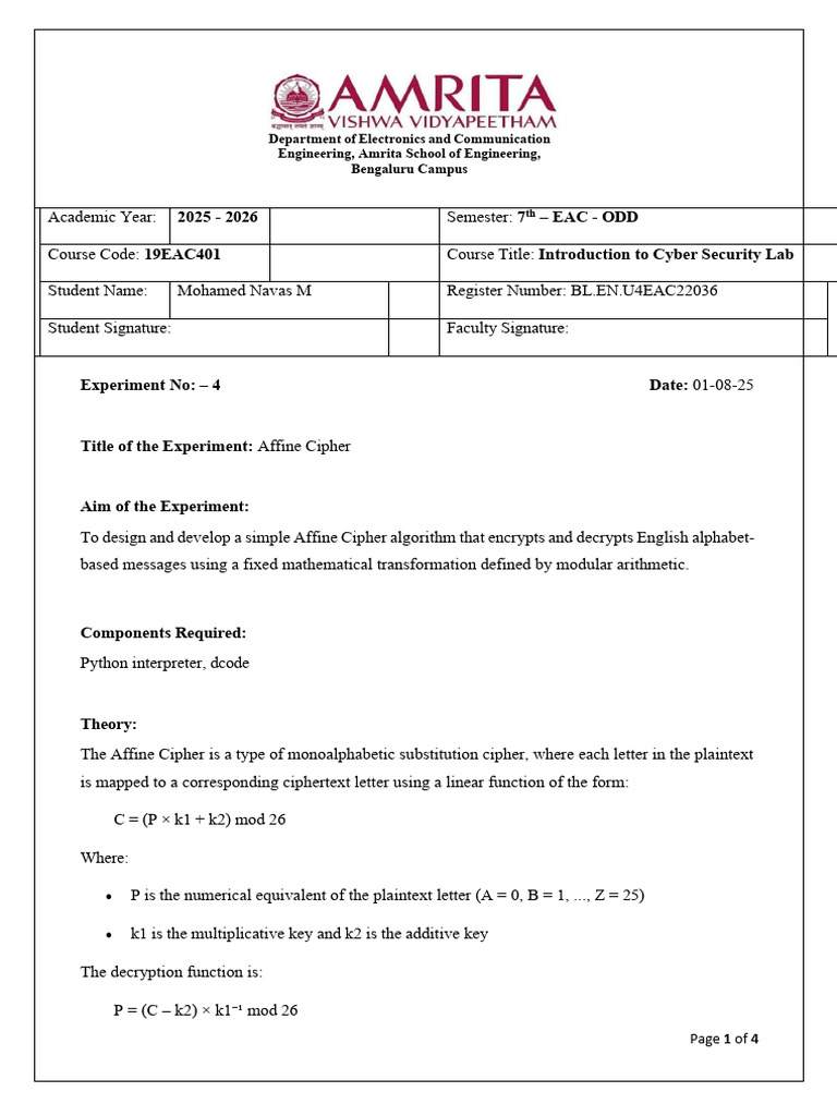 Lab4 Affine | PDF | Encryption | Cipher
