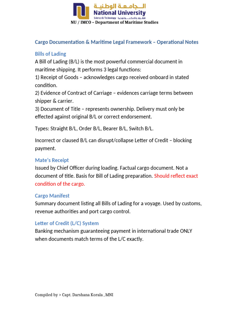 Maritime Cargo Documentation Guide | PDF | Bill Of Lading