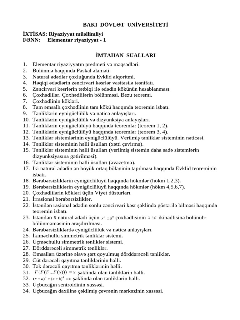 Elementar Riyaziyyat-1 | PDF