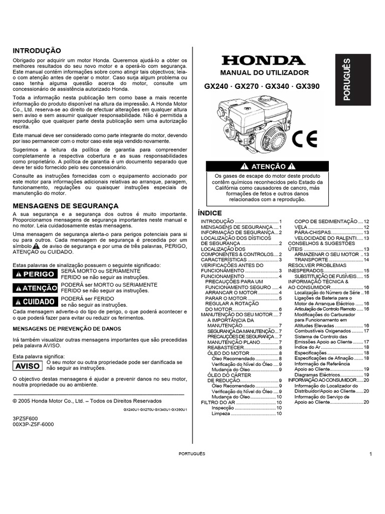 Owners Manual Gx240 270 340 390 Ut1 Portuguese 3pz5f600 | PDF | Óleo de motor | Motores
