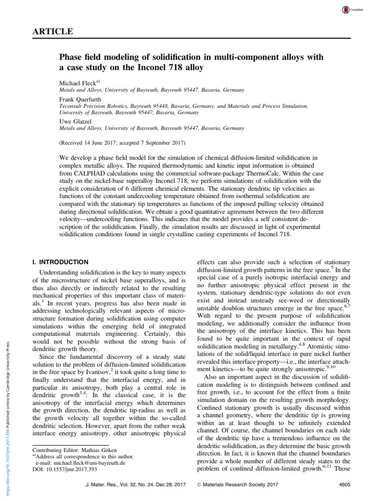 Phase Field Modeling of Inconel 718 Solidification | PDF | Diffusion ...