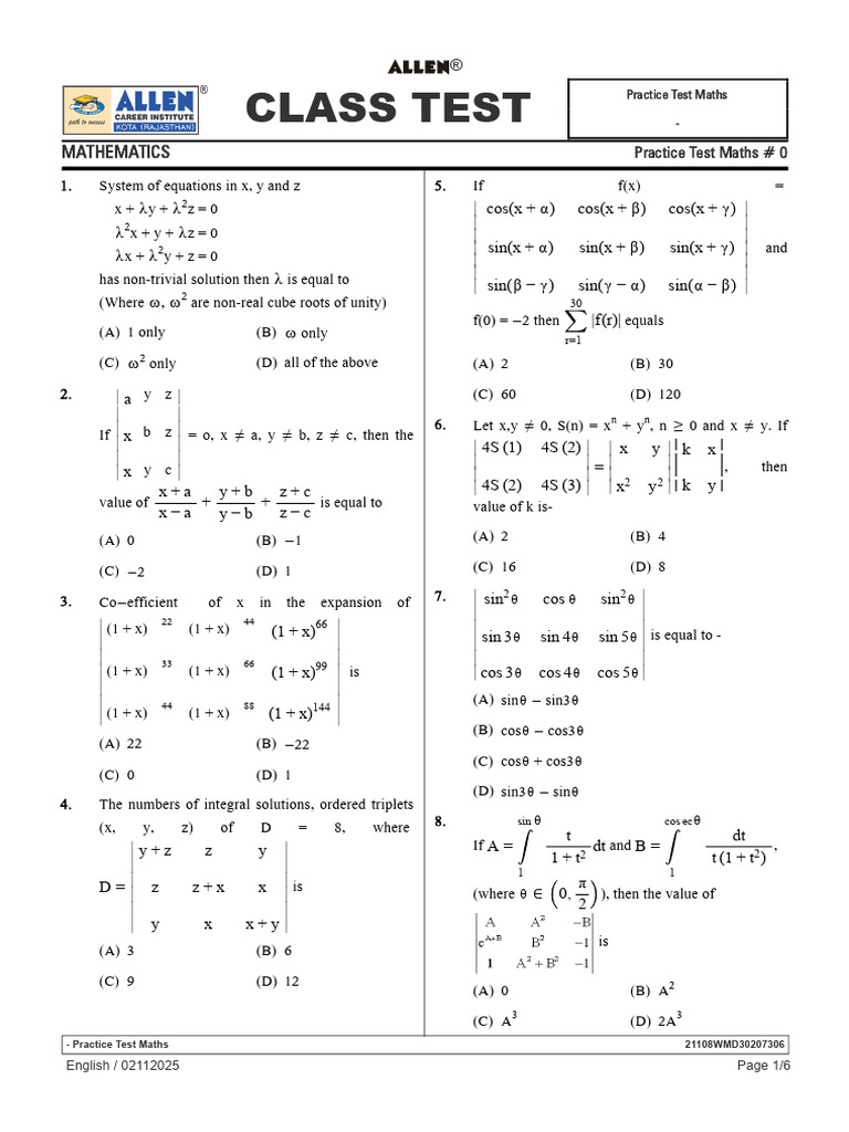 0211 Matrices - Determinat Practice-Test-Maths 21108WMD30207306 - MJAA ...