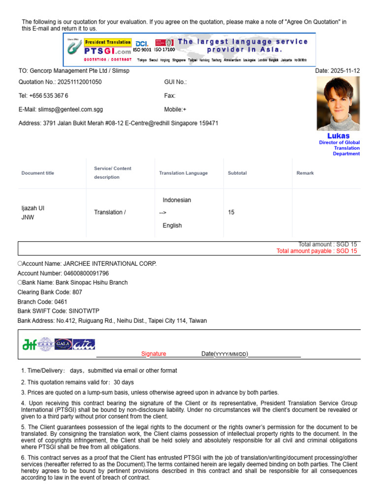 Translation Quotation for Gencorp Management | PDF | Breach Of Contract ...