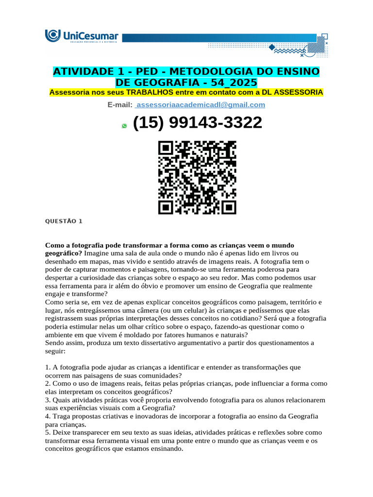 Atividade 1 - Ped - Metodologia Do Ensino de Geografia - 54 - 2025 | PDF | Geografia | Paisagem