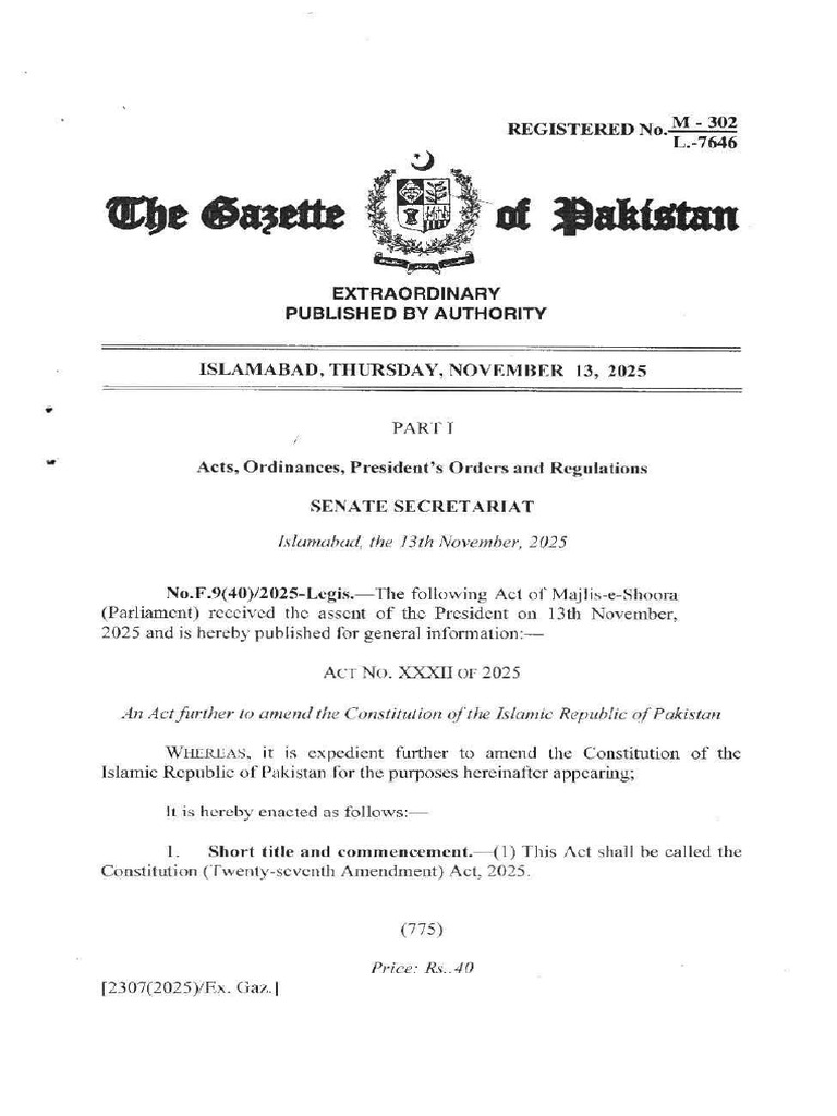 The Constitution (Twenty-Seventh Amendment) Act, 2025.XXXII of 2025 ...