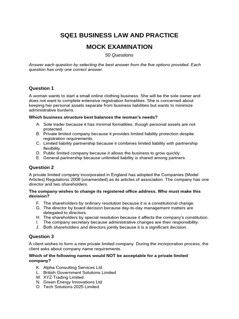 Business Law Mock Exam: 50 Questions | PDF | Dividend | United Kingdom ...