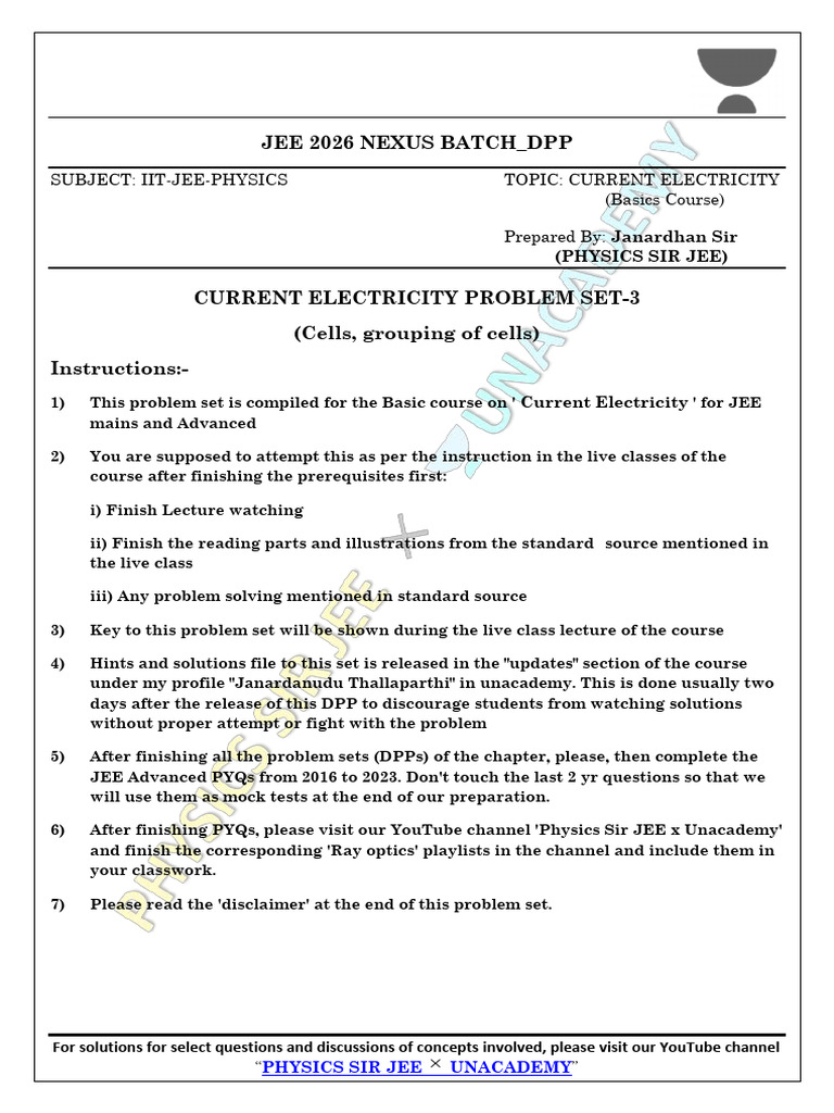 CurrentElectricity ProblemSet-3NexusCoursePhysicsSirJEExUnacademy | PDF