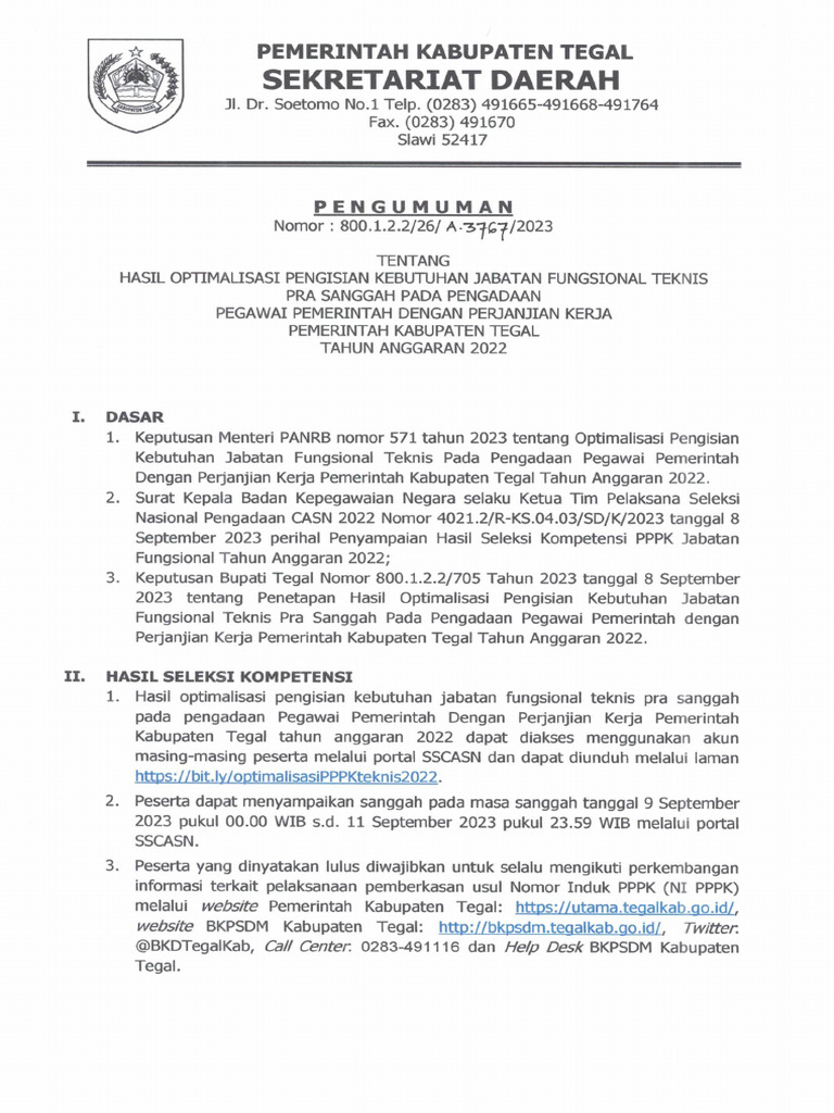 Pengumuman Optimalisasi PPPK Teknis TA 2022 Kab - Tegal | PDF