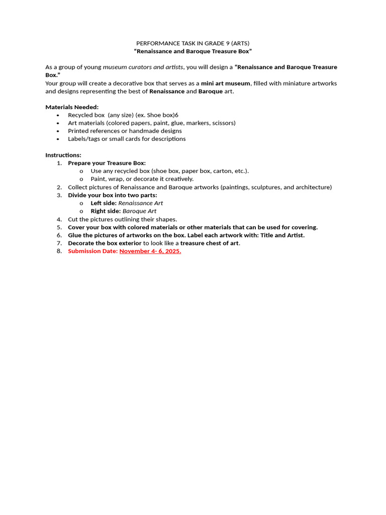 Performance Task in Grade 9 q2 Arts | PDF | Baroque | The Arts
