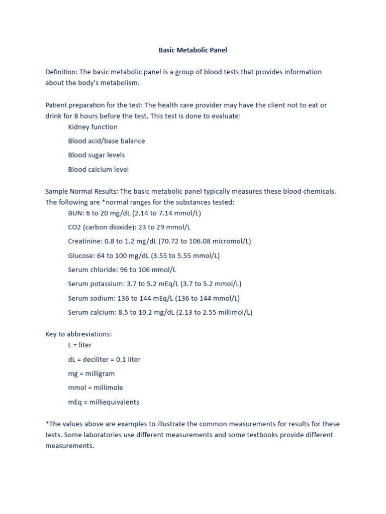 Basic Metabolic Panel Example | PDF
