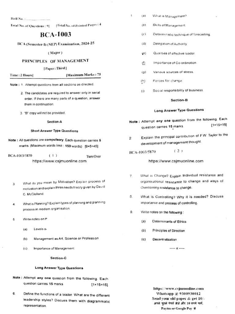Bca 1 Sem Principles of Management Bca 1003 2025 | PDF