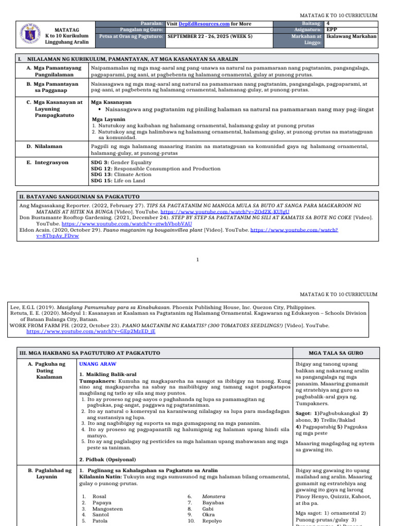 DLL Matatag - Epp 4 q2 w5 | PDF