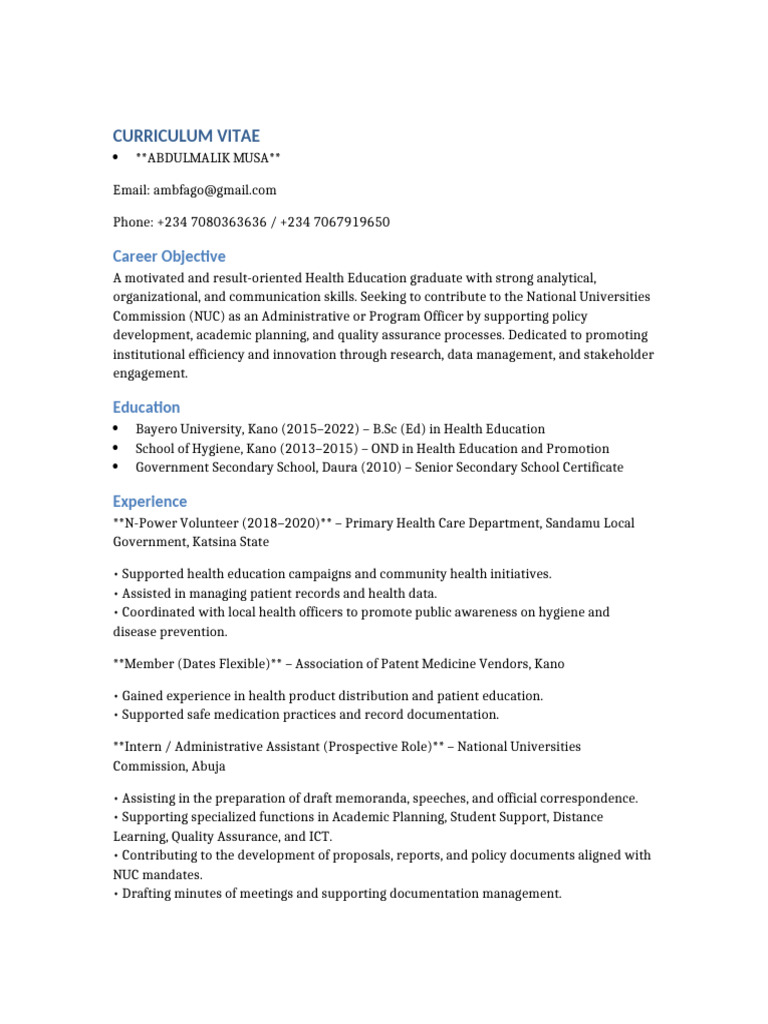 Abdulmalik Musa CV NUC | PDF
