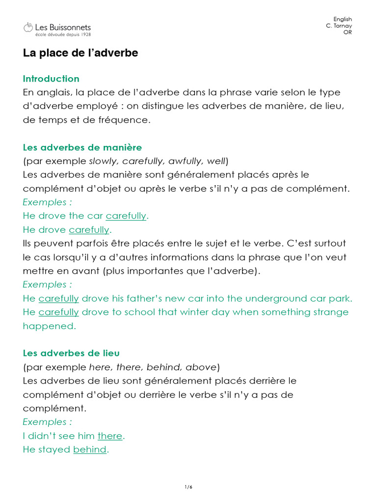 Place Des Adverbes | PDF | Adverbe | Phrase
