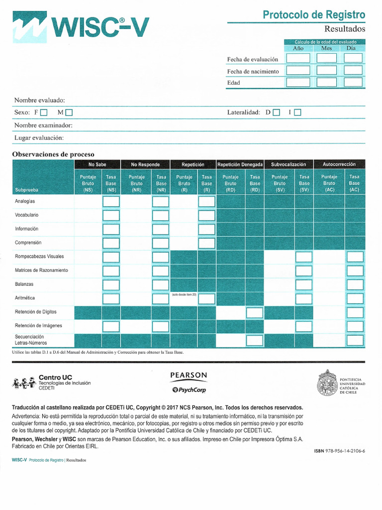 Protocolo WISC-V: Registro y Resultados | PDF | Conceptos psicologicos ...