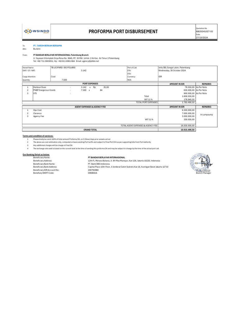 Proforma Port Disbursement Quotation | PDF | Currency | International Trade