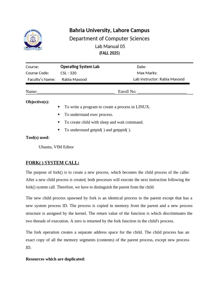 Lab Manual 5 - Process 08102025 090556am | PDF | Process (Computing) | Concurrent Computing