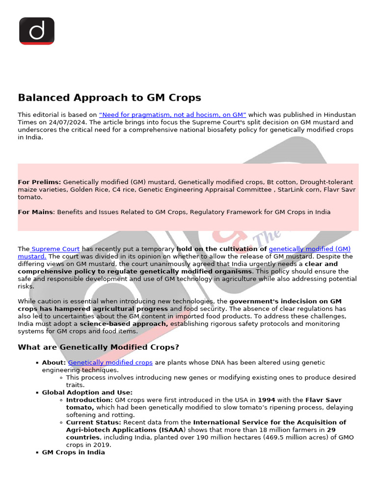 Balanced Approach To GM Crops | PDF | Genetically Modified Crops ...