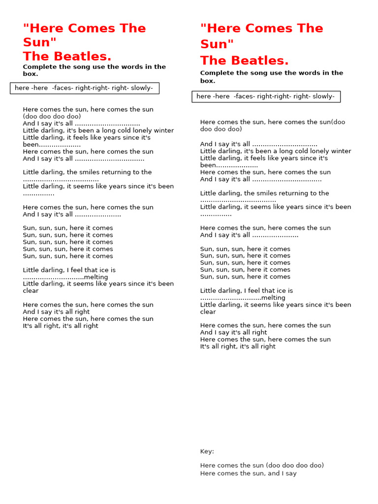 Complete the Lyrics to "Here Comes The Sun" | PDF | Sound Recording ...