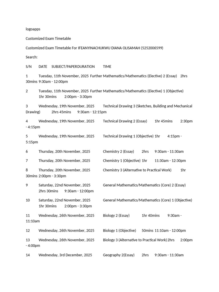 Waec Timetable For Diana | PDF