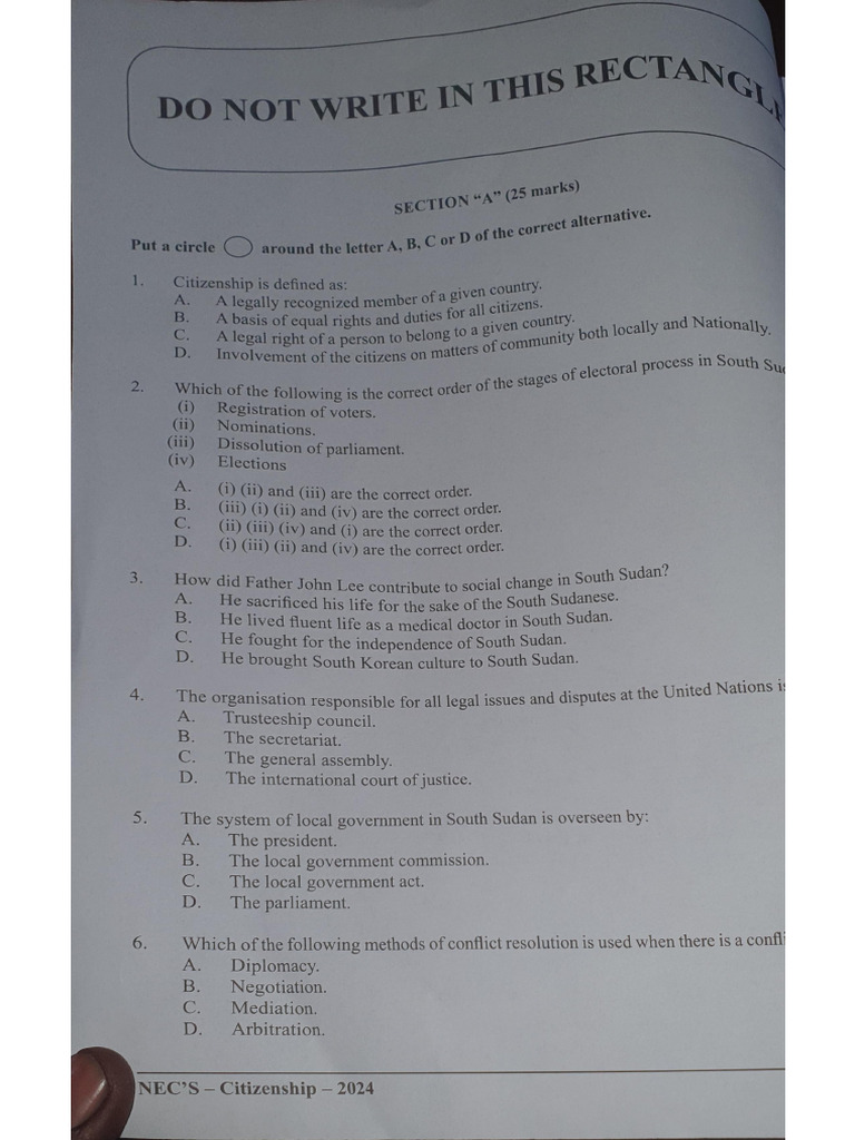 Citizenship Past Paper of 2024 | PDF