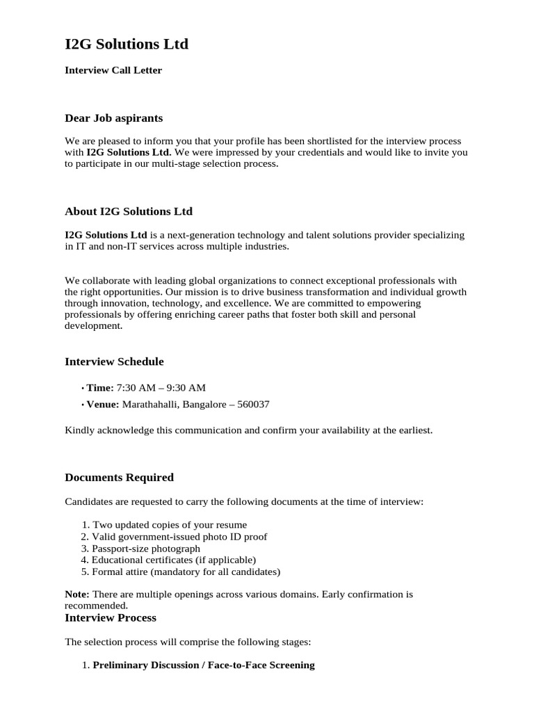 I2G Solutions LTD Interview Call Letter | PDF | Business