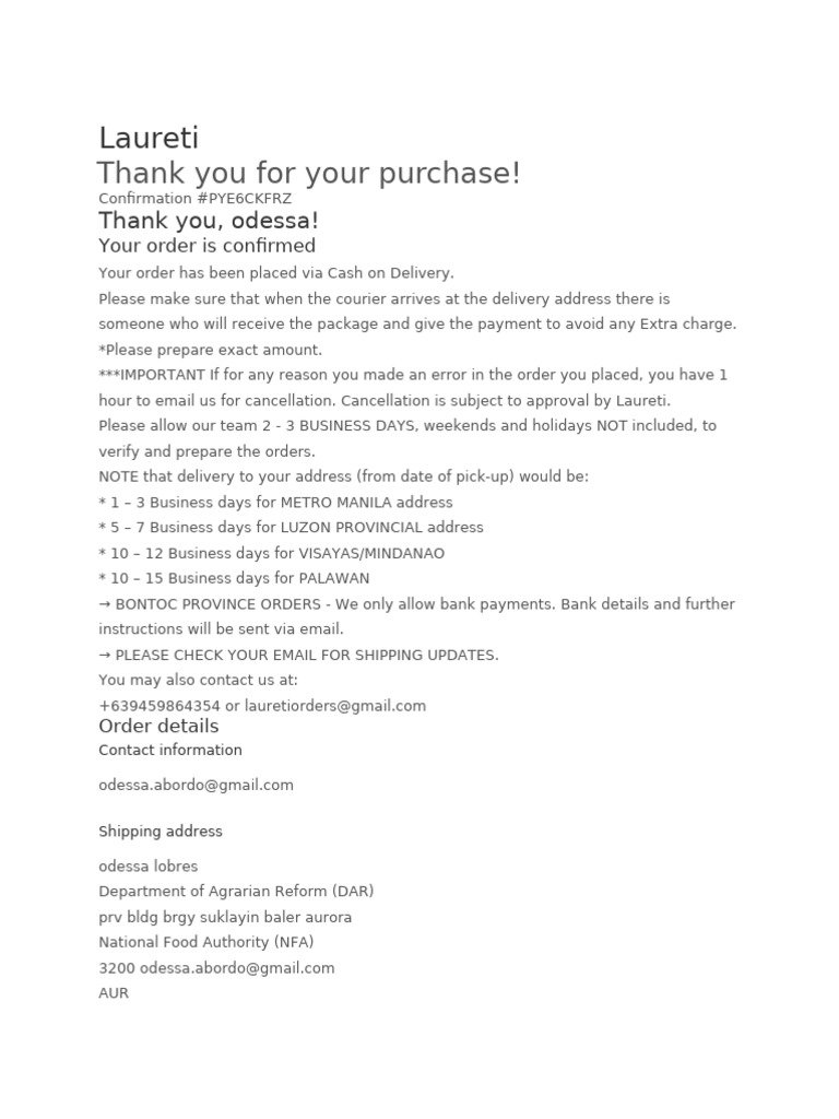 Order Confirmation for Laureti Purchase | PDF