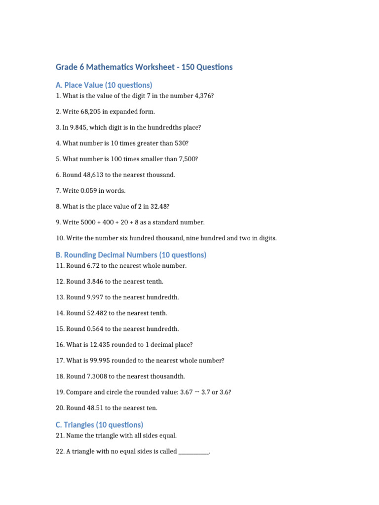 Grade 6 Math Worksheet: 150 Questions | PDF | Triangle | Numbers