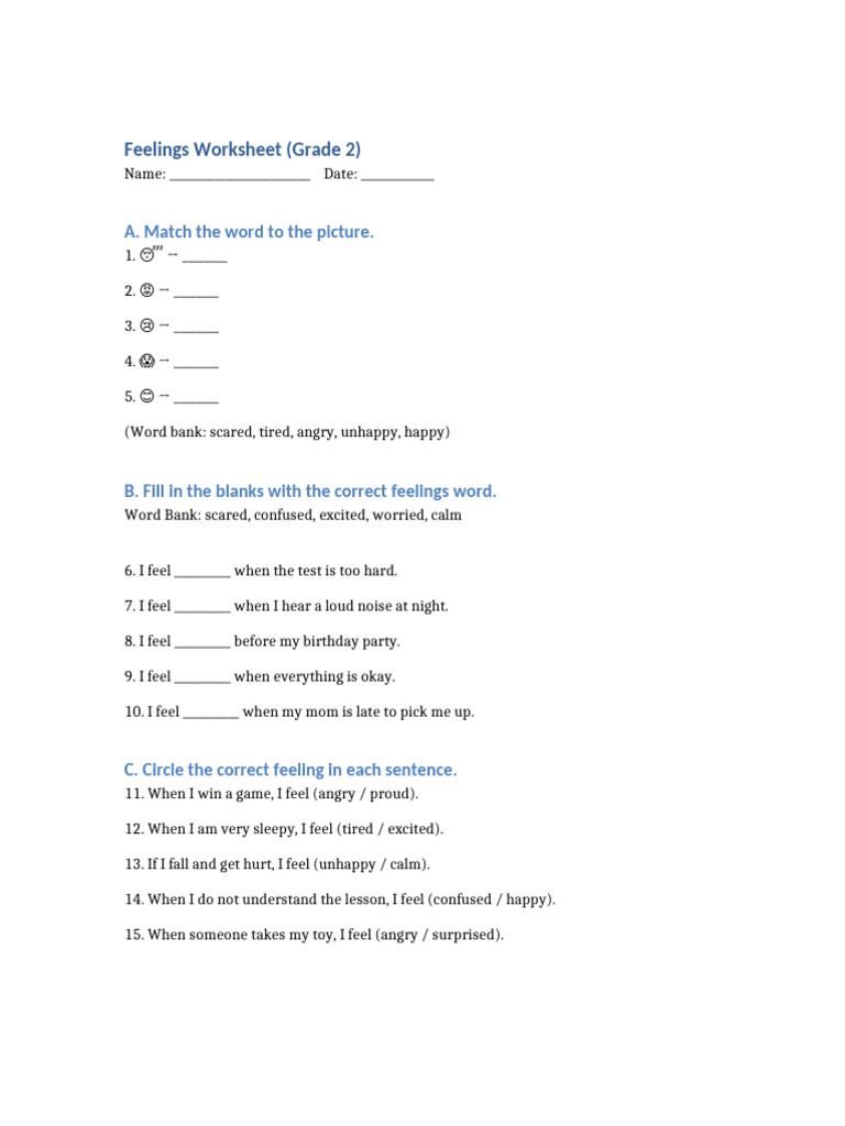 Feelings Worksheet Grade2 | PDF