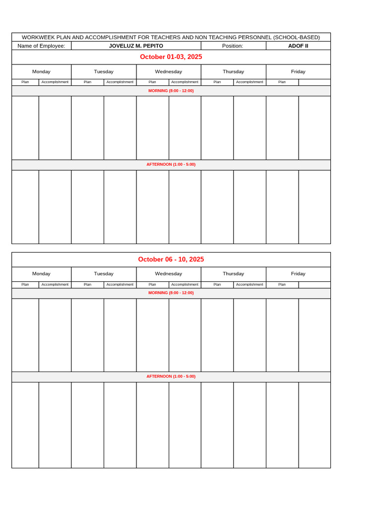Weekly Work Plan for School Personnel | PDF | Workweek And Weekend
