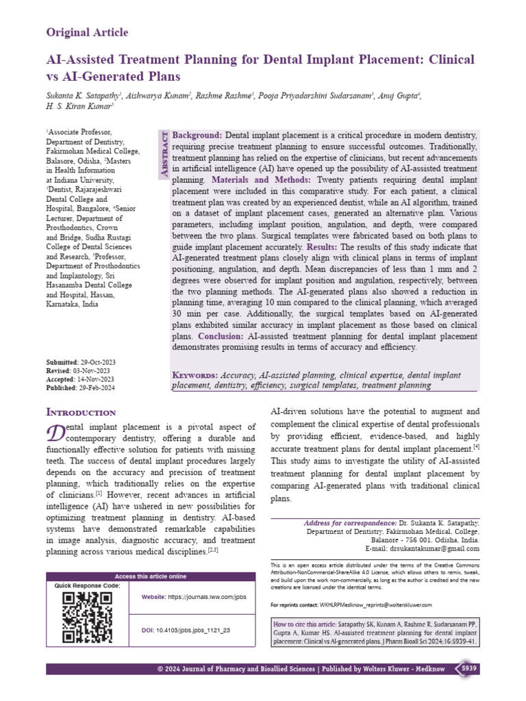 (2024 Satapathy) AI-Assisted Treatment Planning For Dental Implant Placement Clinical Vs AI ...