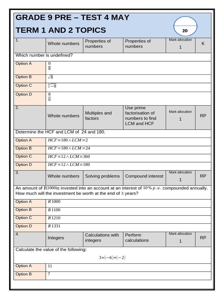 Updated Grade 9 - Pre Post Tests | PDF | Mathematics | Elementary ...
