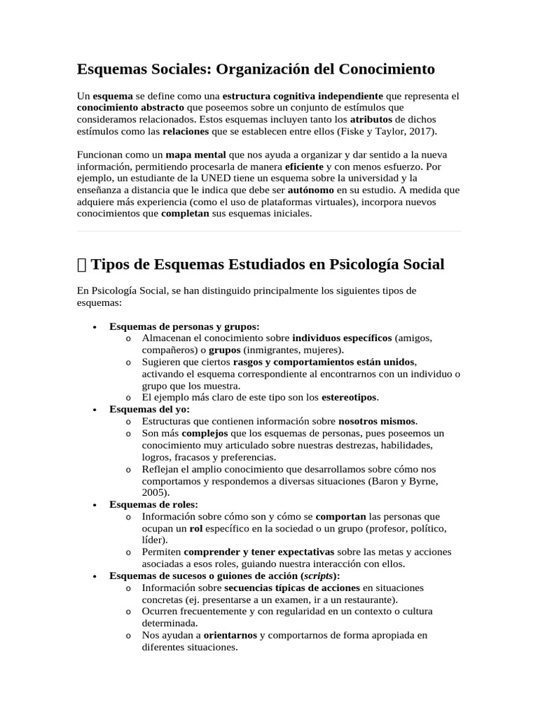 Esquemas Sociales y su Impacto Cognitivo | PDF | Esquema (psicología ...