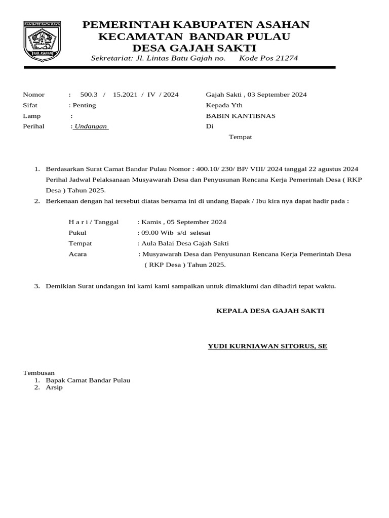 Undangan Musyawarah Desa Gajah Sakti | PDF