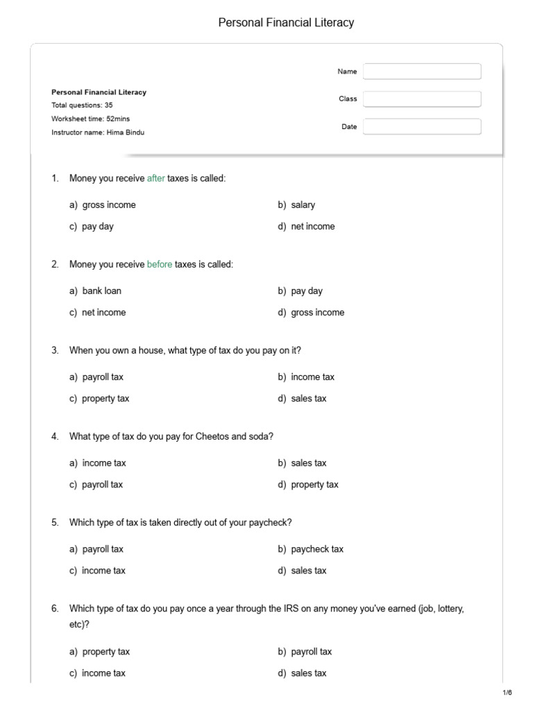 Personal Financial Literacy GR 5 HW | PDF | Credit Card | Paycheck
