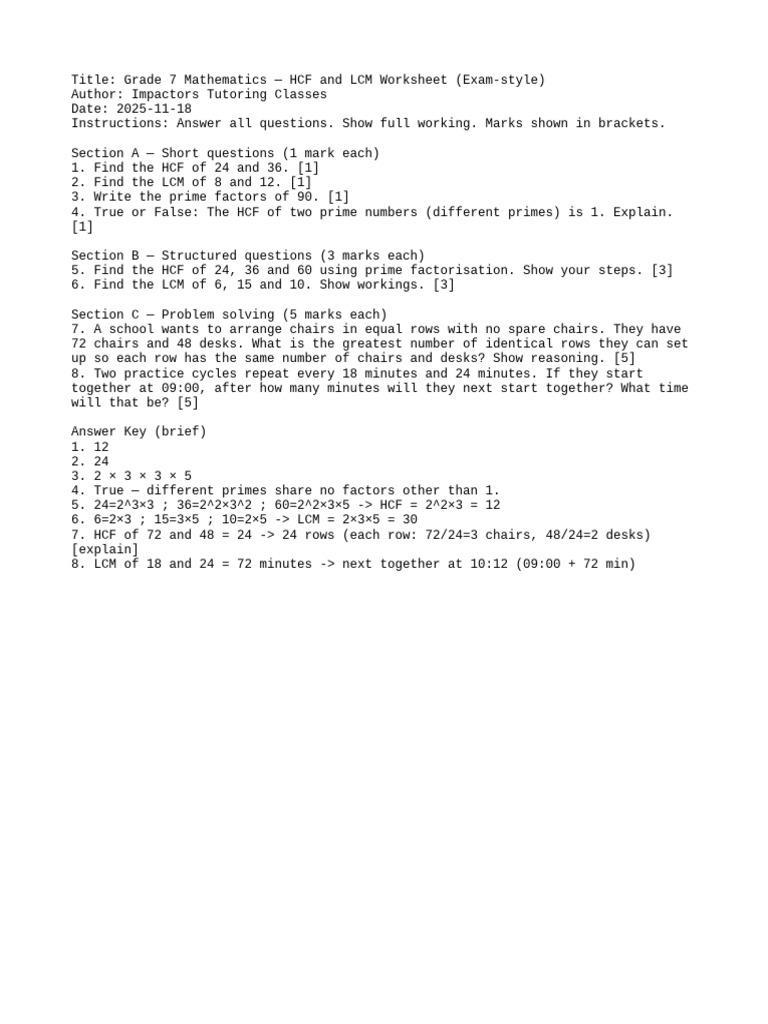 Grade 7 HCF and LCM Worksheet | PDF